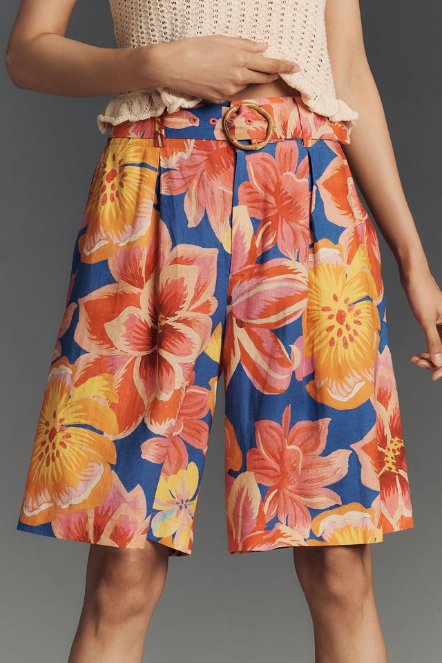Farm Rio x Anthropologie Linen Blend Belted Floral Bermuda Shorts ...