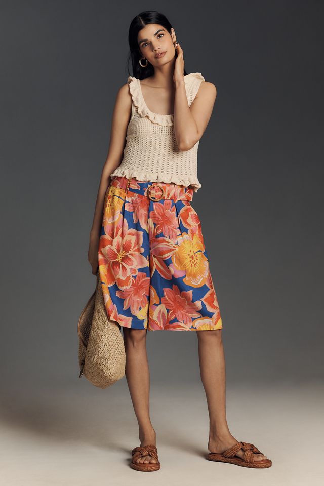 Farm Rio x Anthropologie Linen Blend Belted Floral Bermuda Shorts ...