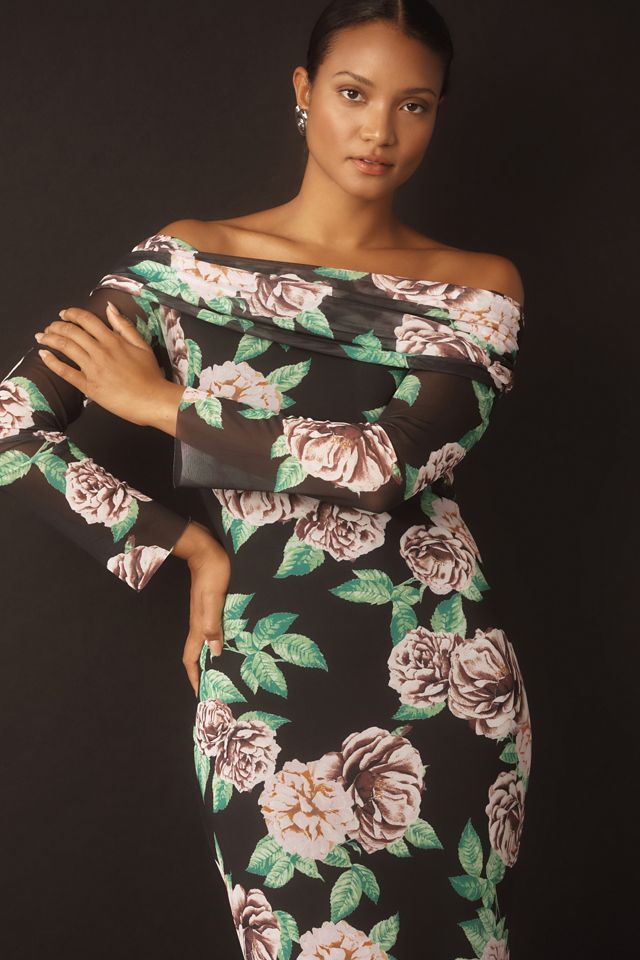 AFRM Long-Sleeve Off-The-Shoulder Mesh Maxi Dress | Anthropologie UK