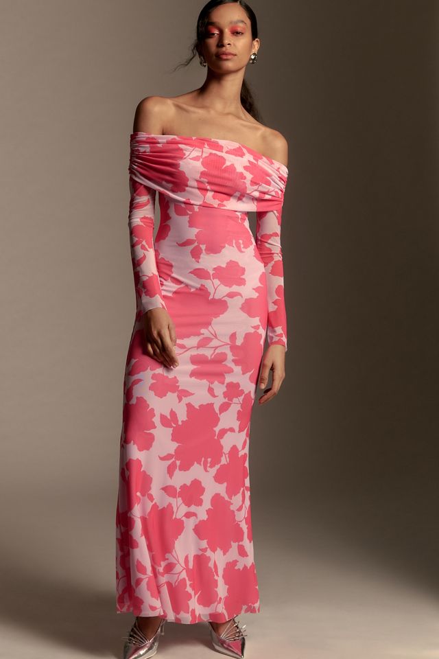 AFRM Long-Sleeve Off-The-Shoulder Mesh Maxi Dress | Anthropologie