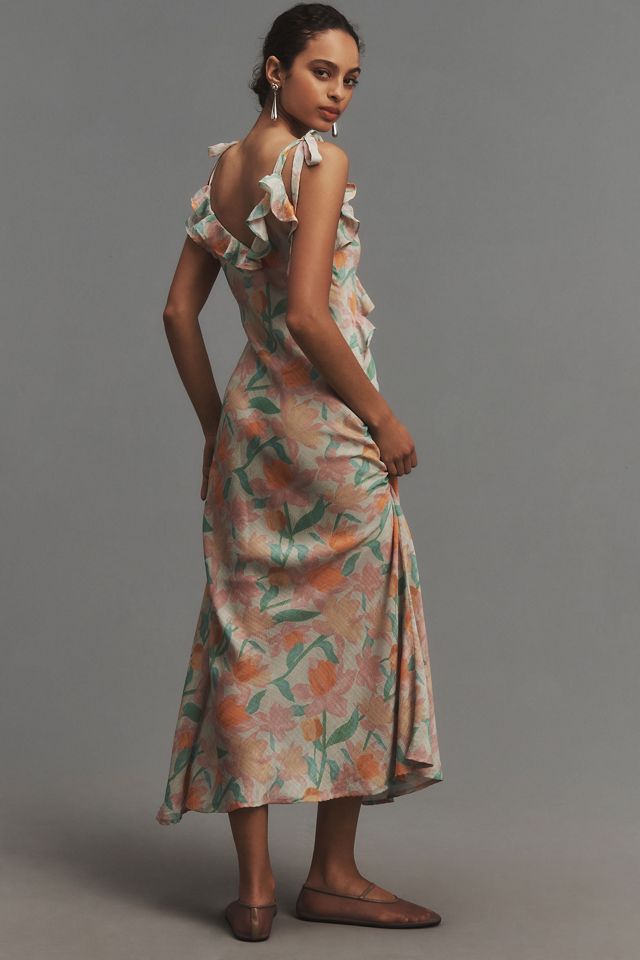 ASTR The Label Sorbae V-Neck Floral Ruffle Midi Dress | Anthropologie