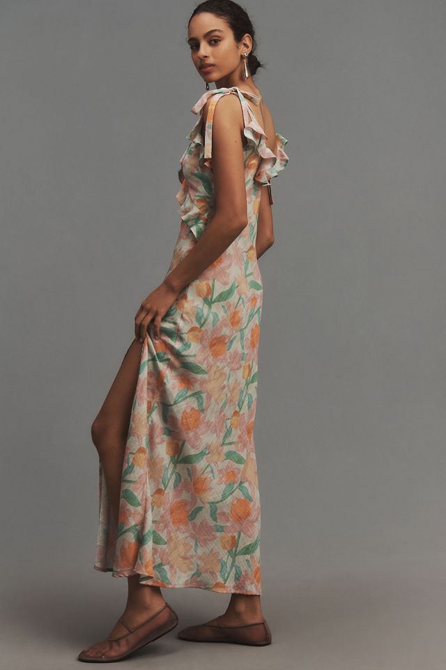 ASTR The Label Sorbae V-Neck Floral Ruffle Midi Dress | Anthropologie