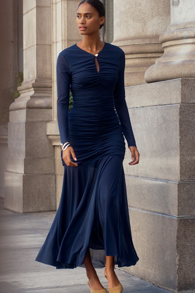 ASTR The Label Yasmine Long-Sleeve Ruched Mesh Maxi Dress