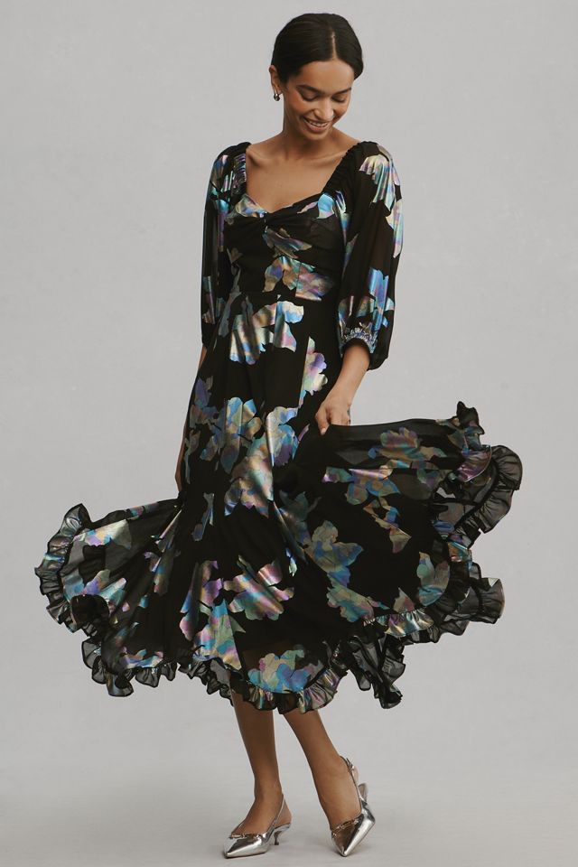 Hutch Puff-Sleeve Twist Ruffle-Hem Iridescent Midi Dress | Anthropologie UK
