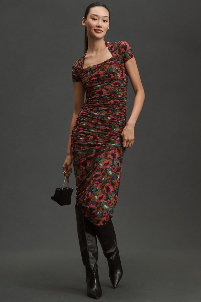 MISA Short-Sleeve Square-Neck Mesh Slim Midi Dress | Anthropologie