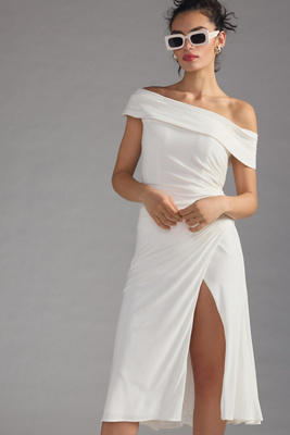Mac Duggal Off-the-shoulder Front-slit Dress In White | ModeSens
