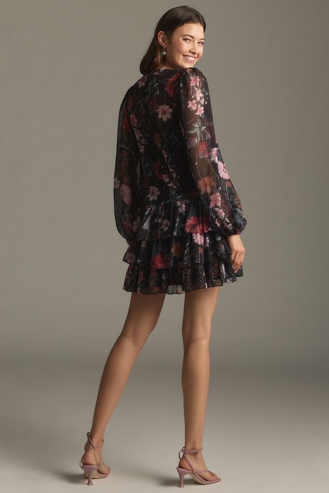 Mac Duggal Long-Sleeve Ruffled Chiffon Mini Dress | Anthropologie