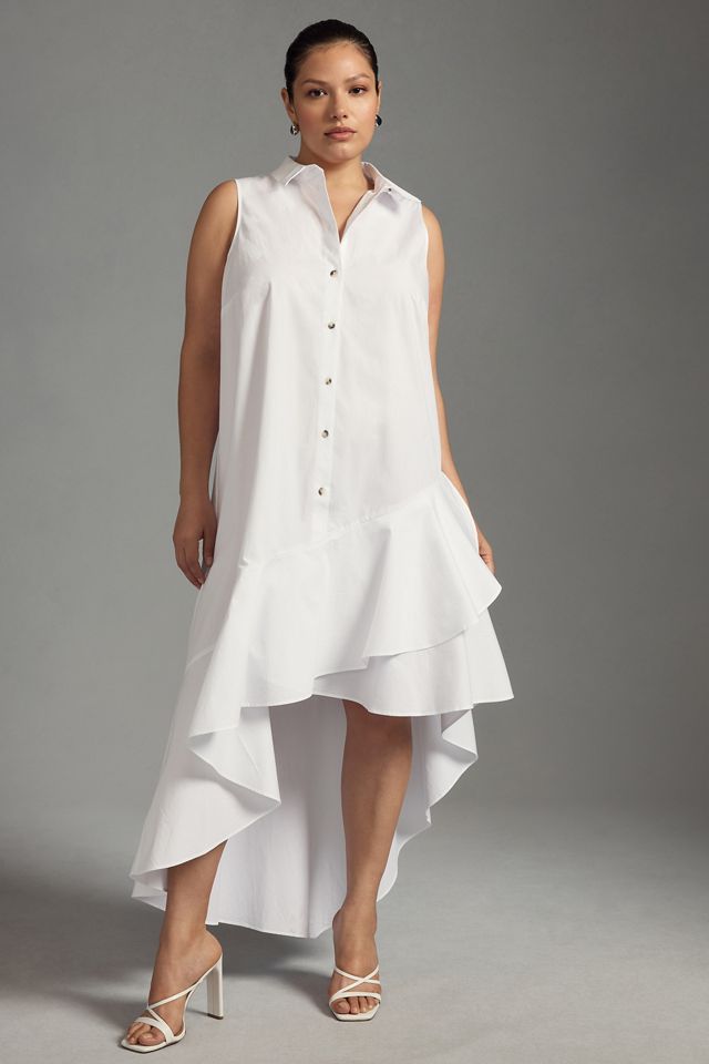 By Anthropologie Sleeveless Buttondown Asymmetrical Ruffle-Hem Dress ...