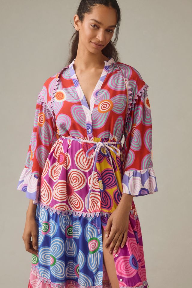 Celia B Maryann V-Neck Mixed Print Midi Dress | Anthropologie