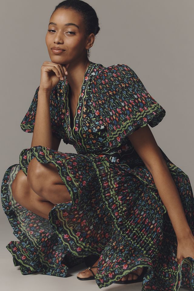 CeliaB Celestia Puff-Sleeve V-Neck Midi Dress | Anthropologie