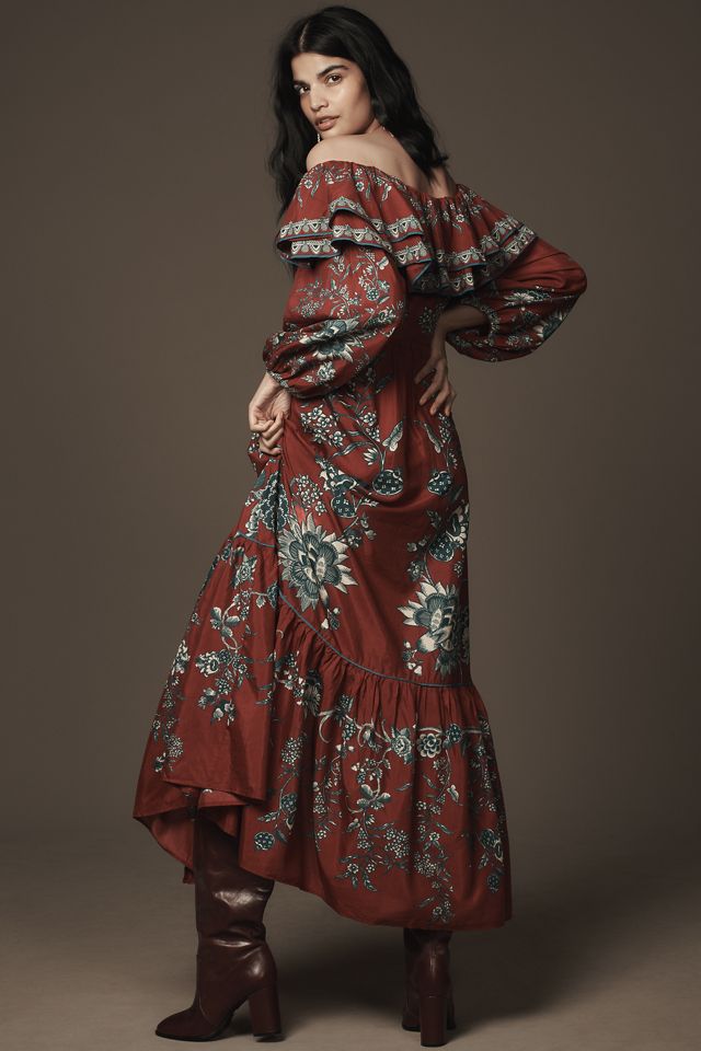 Farm Rio Long-Sleeve Off-The-Shoulder Ruffled Maxi Dress | Anthropologie