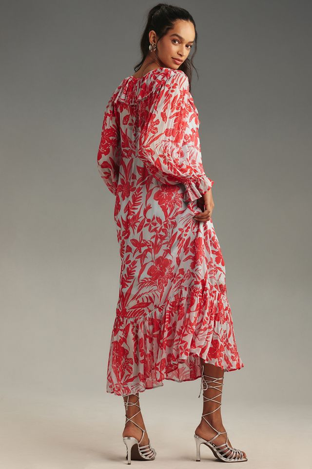 By Anthropologie Long-Sleeve V-Neck Chiffon Ruffle Midi Dress ...