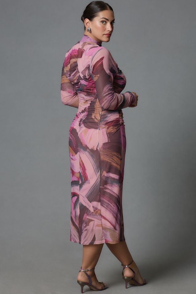 By Anthropologie Long-Sleeve Printed Mesh Midi Dress | Anthropologie