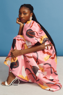 Aureta Studio Printed Puff-Sleeve Cutout Dress | Anthropologie