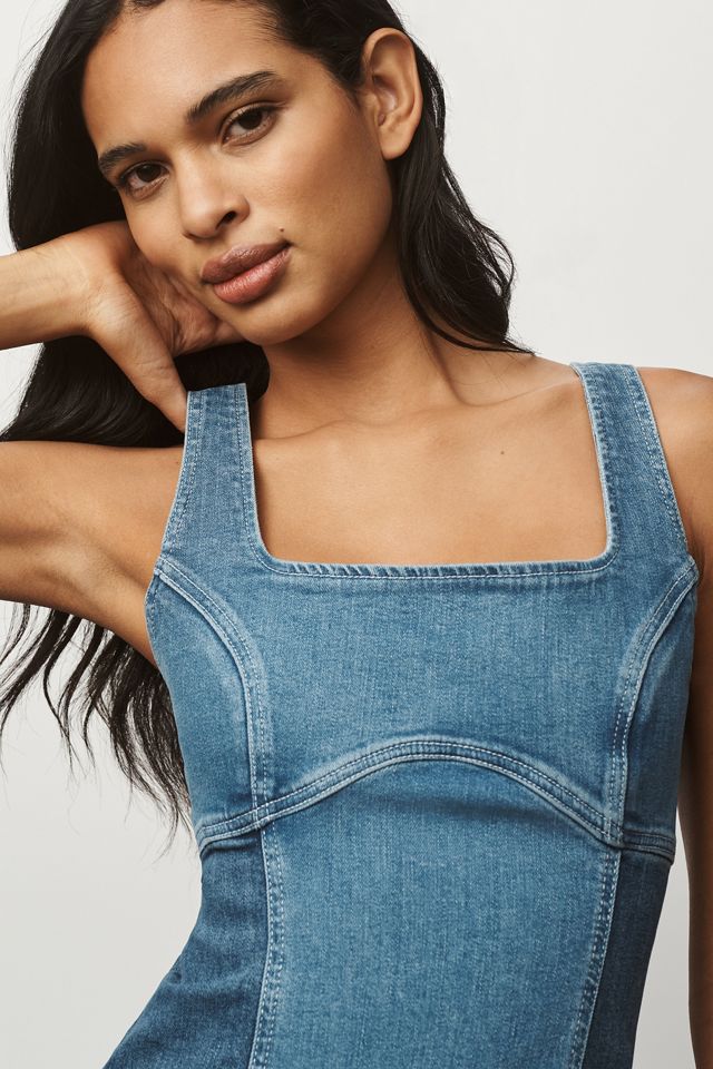 Pilcro Square-Neck Corset Denim Midi Dress | Anthropologie