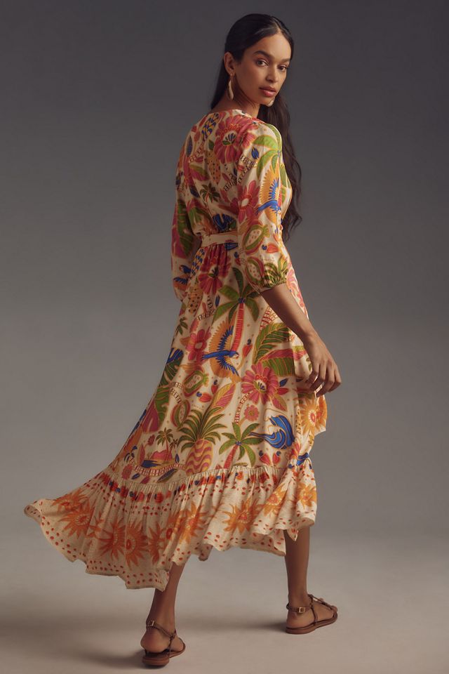 Farm Rio Long-Sleeve V-Neck Wrap Midi Dress | Anthropologie