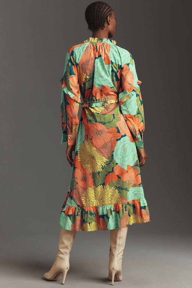 Farm Rio Long-Sleeve Floral Midi Dress | Anthropologie