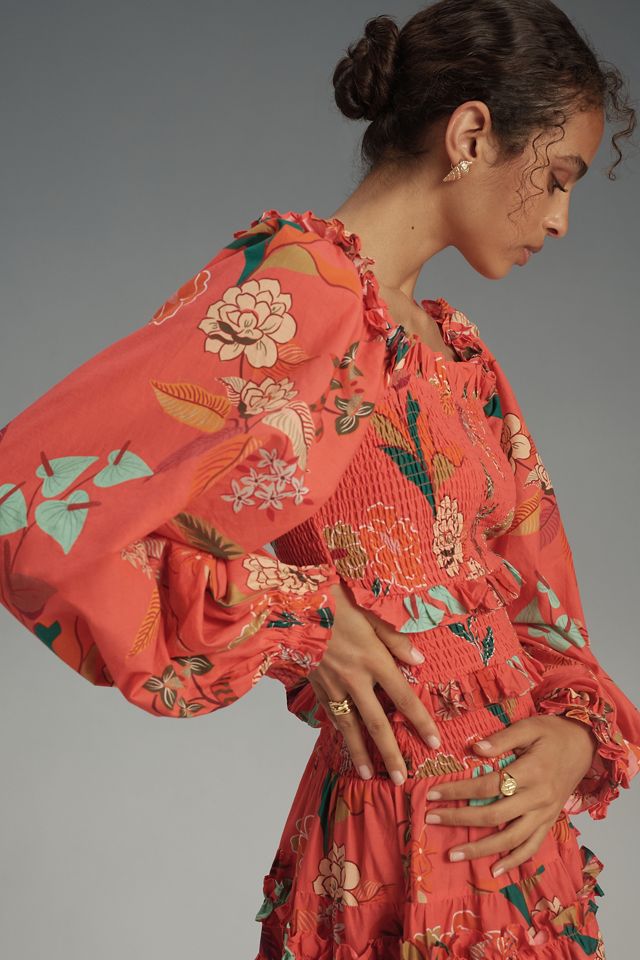 Farm Rio Long-Sleeve Square-Neck Smocked Ruffle Mini Dress | Anthropologie