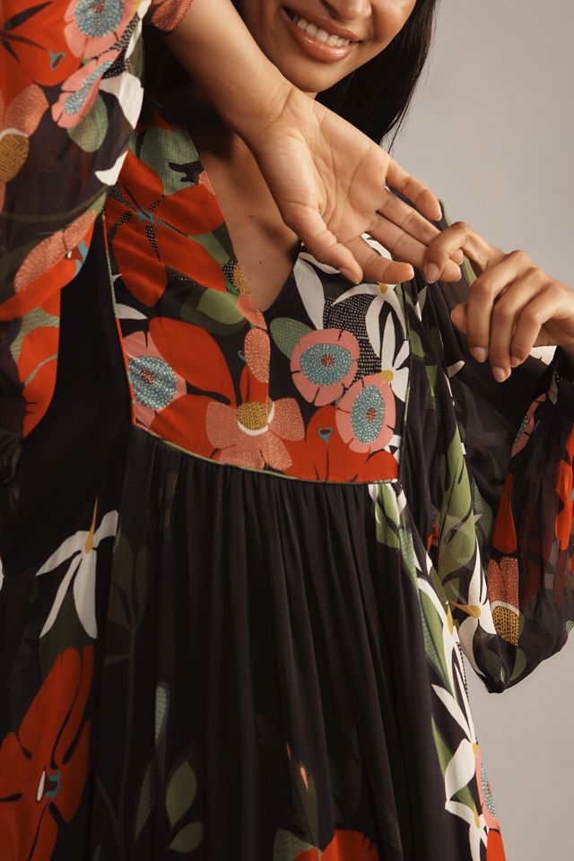 Farm Rio x Anthropologie Long-Sleeve V-Neck Floral Maxi Dress ...