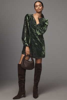 Farm Rio X Anthropologie Long-sleeve Burnout Velvet Mini Dress In Green ...