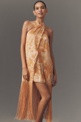 Farm Rio x Anthropologie Halter Fringe Satin Mini Dress | Anthropologie