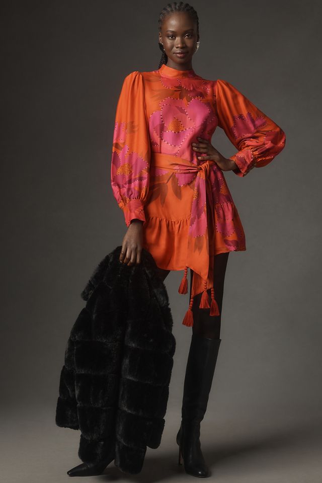 Farm Rio Peony Long-Sleeve Tie-Waist Mini Dress | Anthropologie