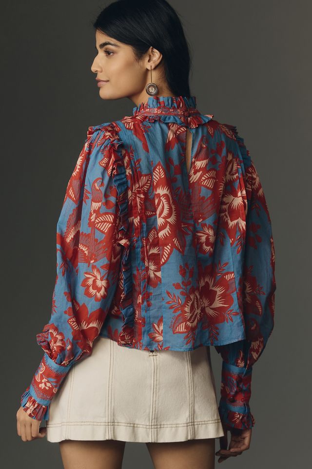 Farm Rio Lace Garden Long-Sleeve Ruffled Blouse | Anthropologie