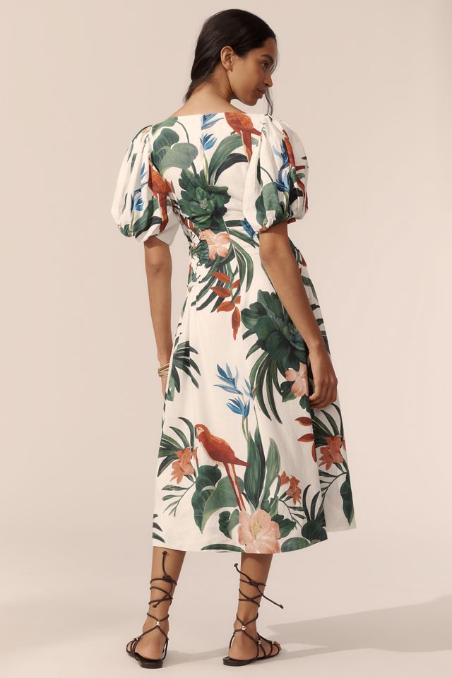 Farm Rio Midnight Macaw Fiesta Linen Blend Puff-Sleeve Midi Dress ...