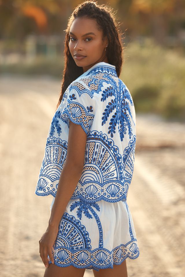 Farm Rio Mesh Buttondown Blouse | Anthropologie