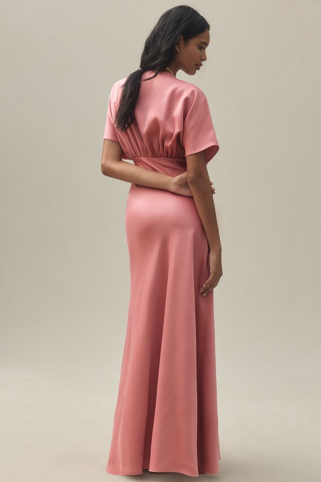 Bhldn Leila Deep V Flutter Sleeve Satin A Line Gown Anthropologie