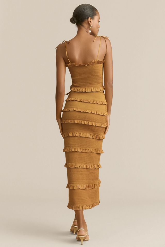 V. Chapman Lily Ruched & Ruffled Stretch Satin Midi Dress | Anthropologie