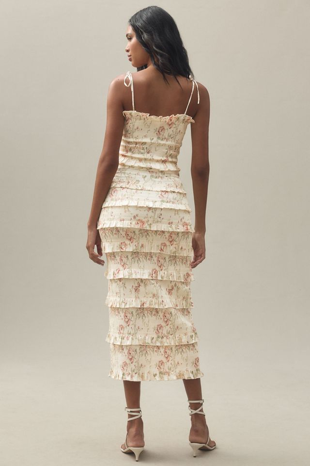 V. Chapman Lily Ruched & Ruffled Stretch Satin Midi Dress | Anthropologie
