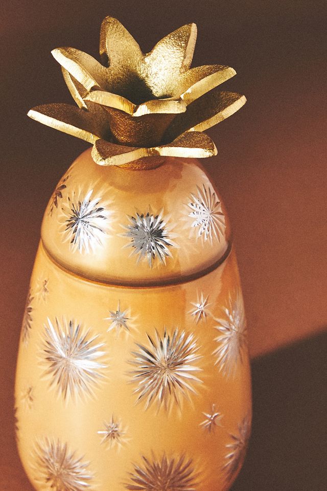 Etched Glass Woody Ambered Topaz Pineapple Candle | AnthroLiving