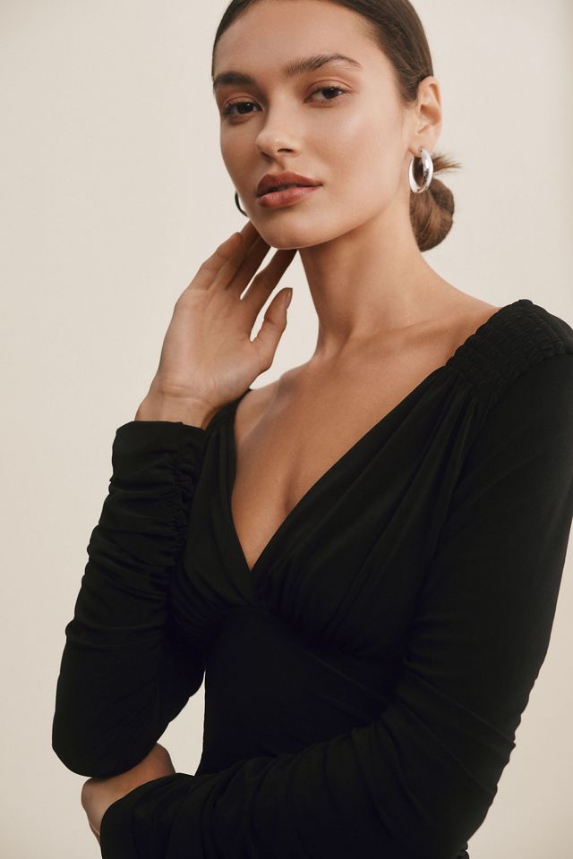 Norma Kamali Tara Long Sleeve Deep V Ruched Stretch Jersey Midi Dress
