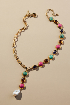 Lele Sadoughi 14k Gold Glass Rainbow Bezel Jewel Pearl Lariat Necklace ...