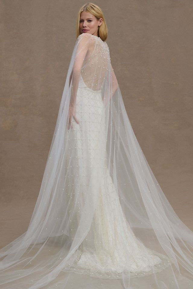 Watters Vittoria Pearl-Embellished Sheer Cape | Anthropologie