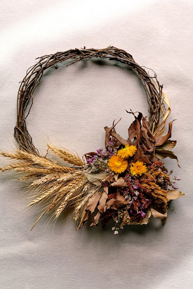 Right Side Hand Asymmetrical Wheat + Strawflower Wreath | Anthropologie