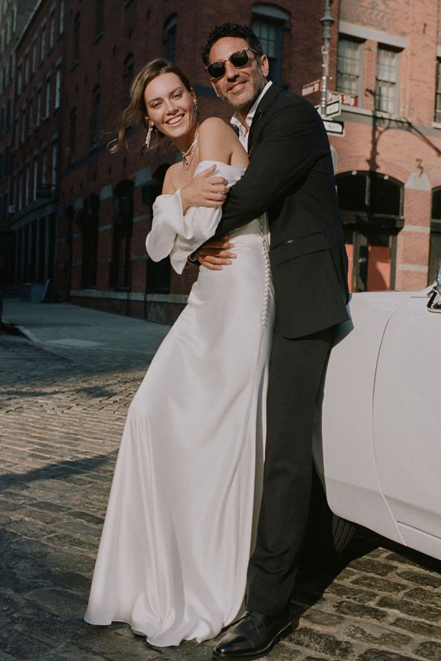 Watters Garance Off-Shoulder Satin Sheath Wedding Gown | Anthropologie
