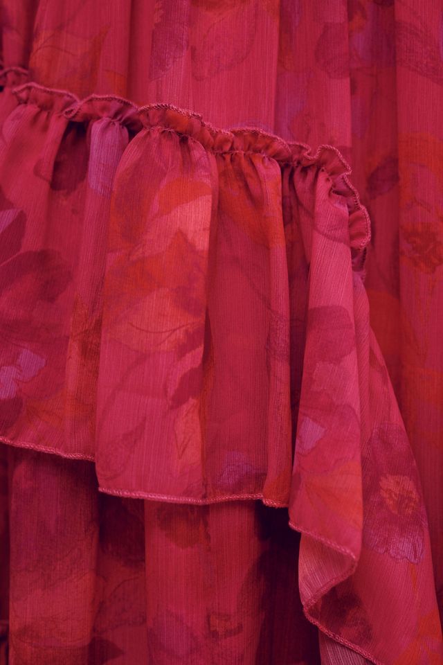 Bhldn Thalia Printed Ruched Square Neck Ruffle Chiffon Gown Anthropologie