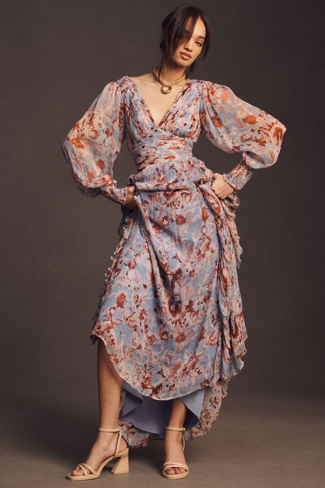 BHLDN V-Neck Long-Sleeve Printed Chiffon Gown | Anthropologie
