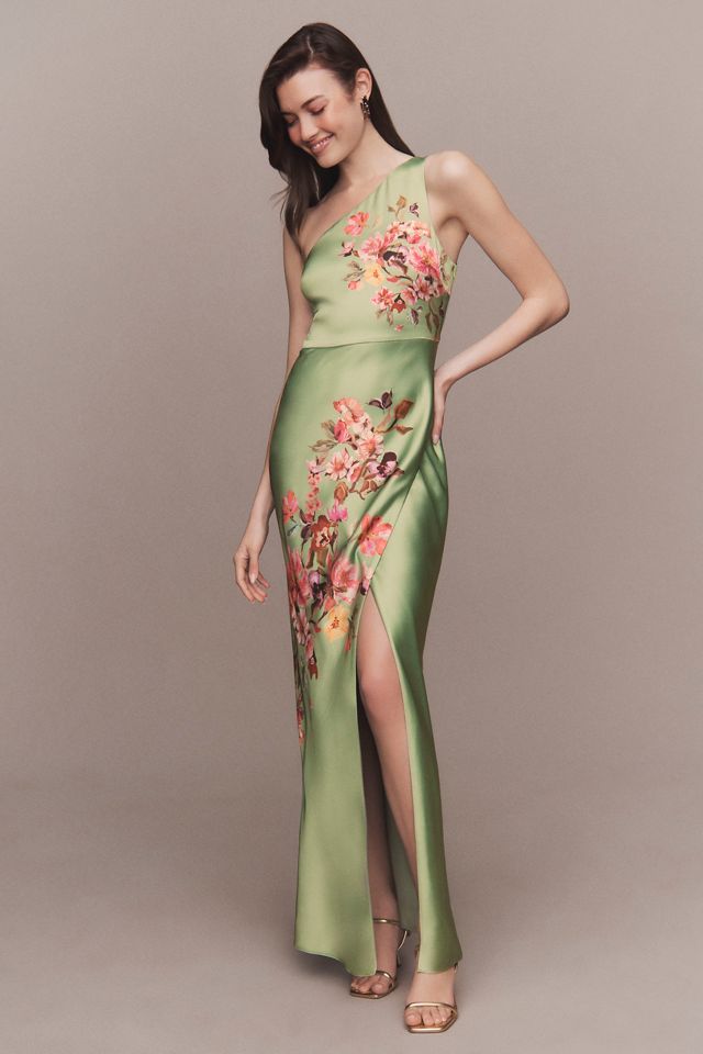 Bhldn Stretch Satin One Shoulder Side Slit Maxi Dress Anthropologie