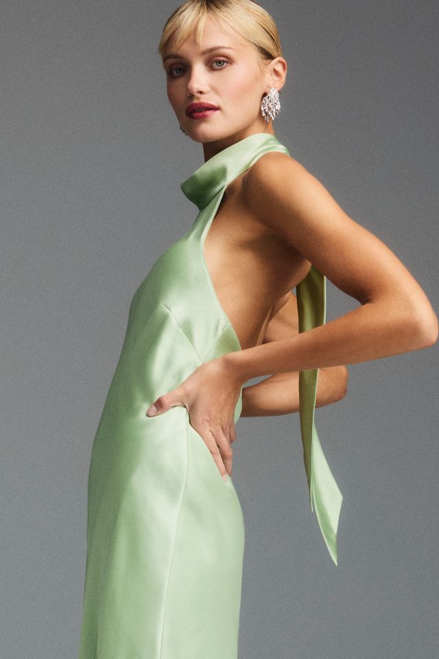 Bhldn Violet Halter Open Back Side Slit Stretch Satin Midi Dress