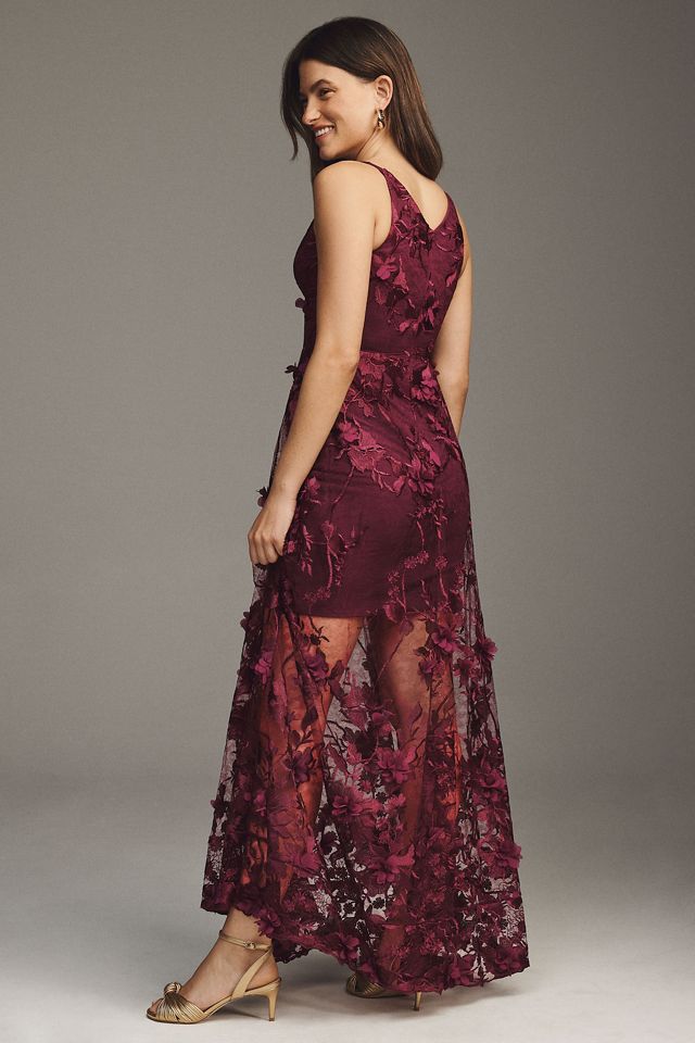 Dress The Population Sidney V Neck A Line Lace Floral Appliqué Gown