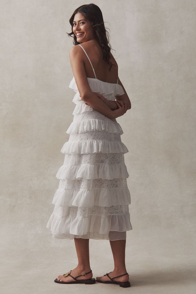 Bhldn Strapless Tiered Ruffle Lace Midi Dress Anthropologie