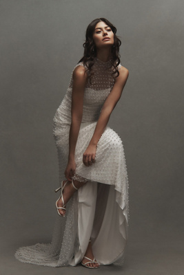 Watters Sloane Mock-Neck Pearl-Embellished Sheer Wedding Gown ...