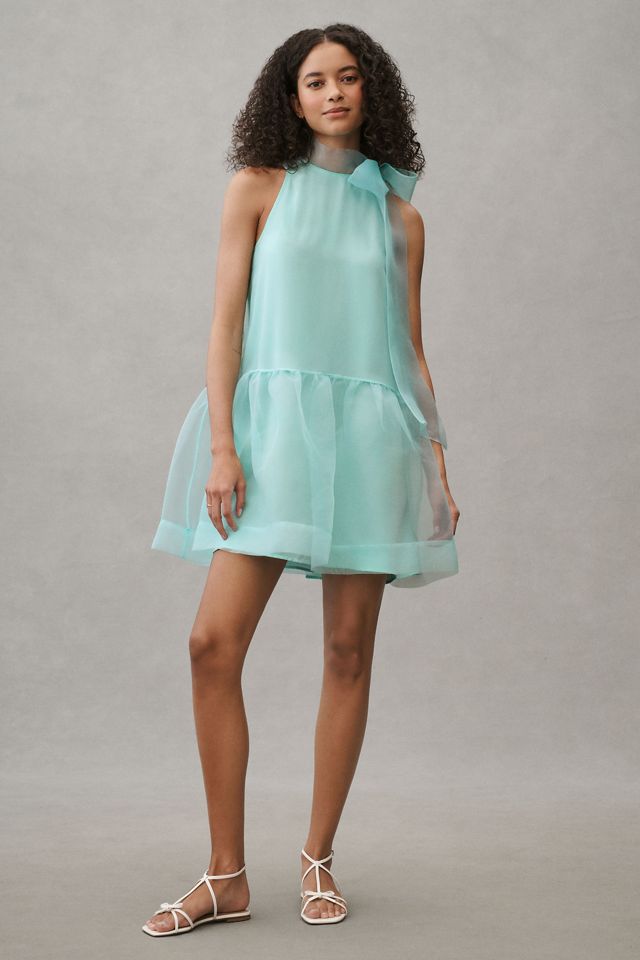 Bhldn Sophia High Neck Bow Tie Organza Mini Dress Anthropologie