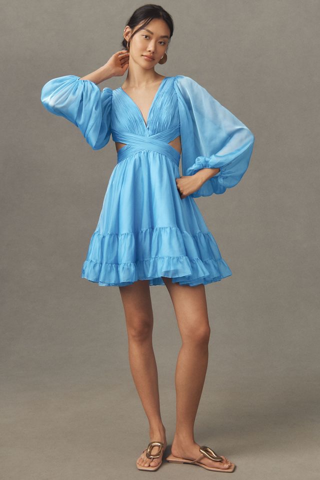 Mac Duggal Long-Sleeve Chiffon Cutout Mini Dress | Anthropologie