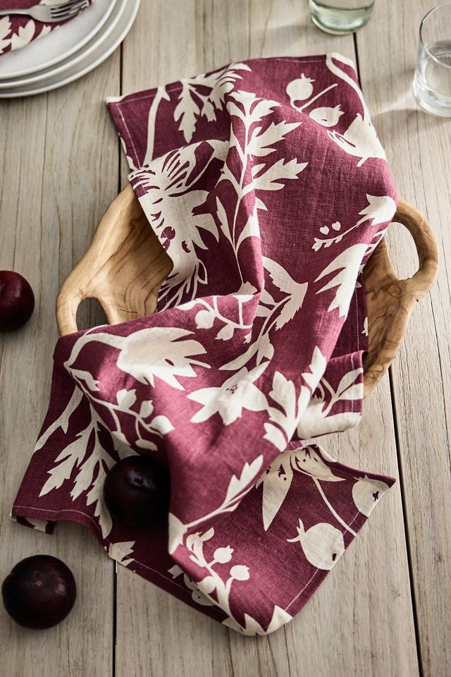 Maroon Botanical Linen Dish Towel | AnthroHome