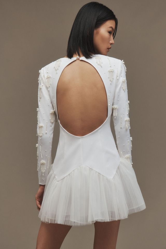 Bhldn Pearl Embellished Long Sleeve Drop Waist Mini Dress Anthropologie