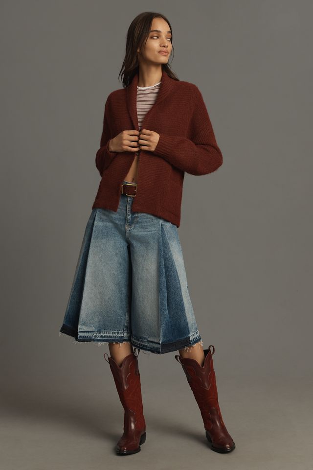 Flat White Ribbed Roll Collar Cardigan Sweater | Anthropologie